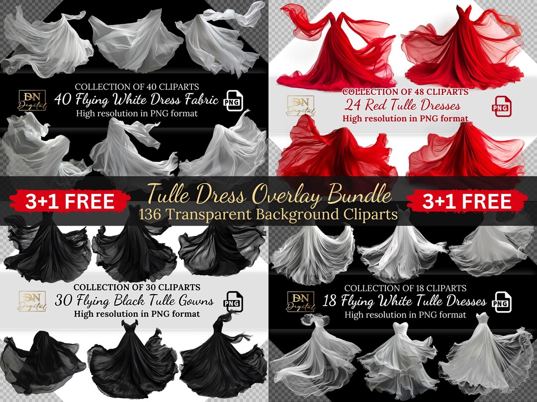 Tulle Dress Overlays Clipart Bundle •136 Flying White, Black & Red ...