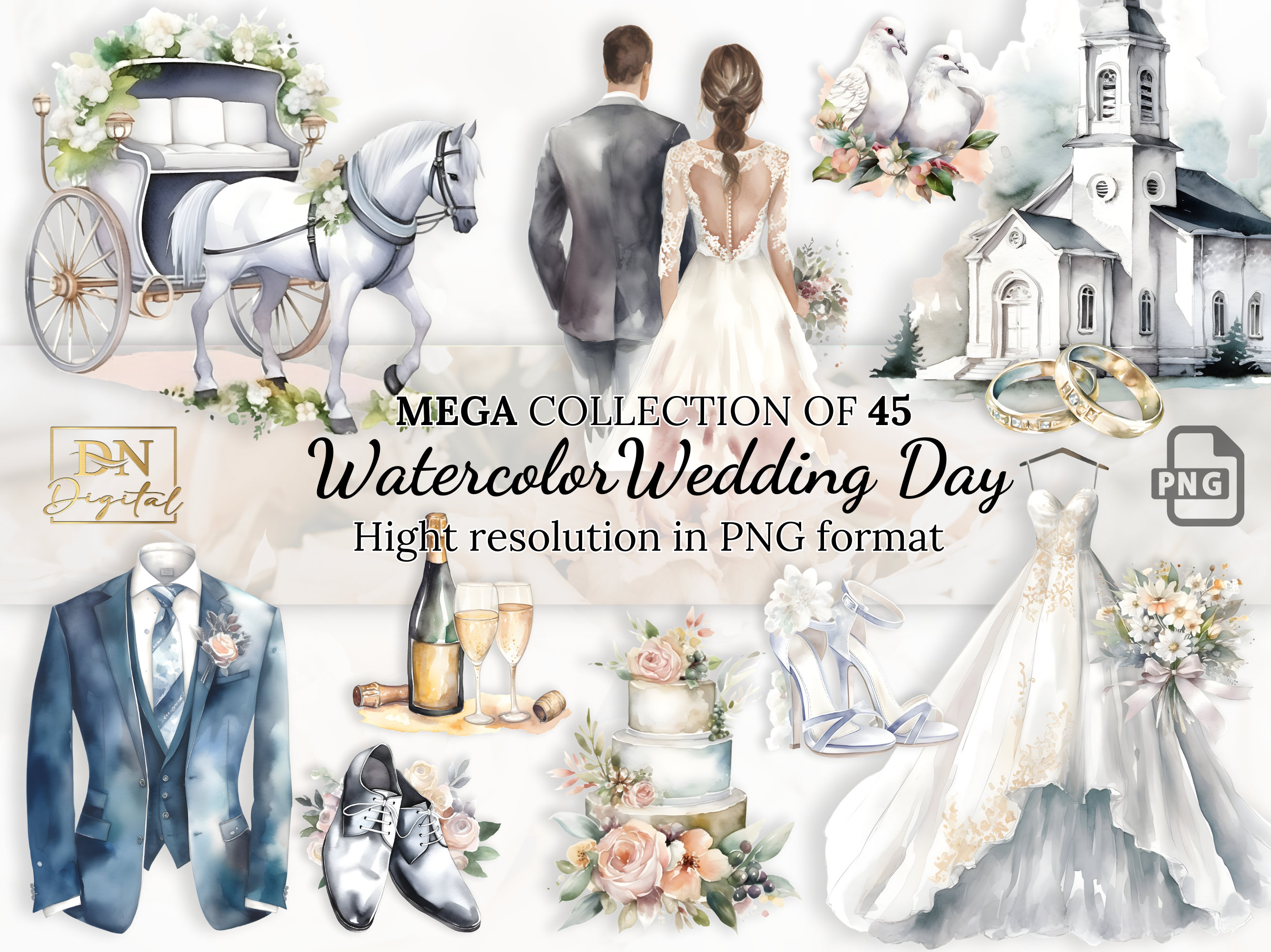 45 Watercolor Wedding Day Clipart Collection With Free - Etsy UK