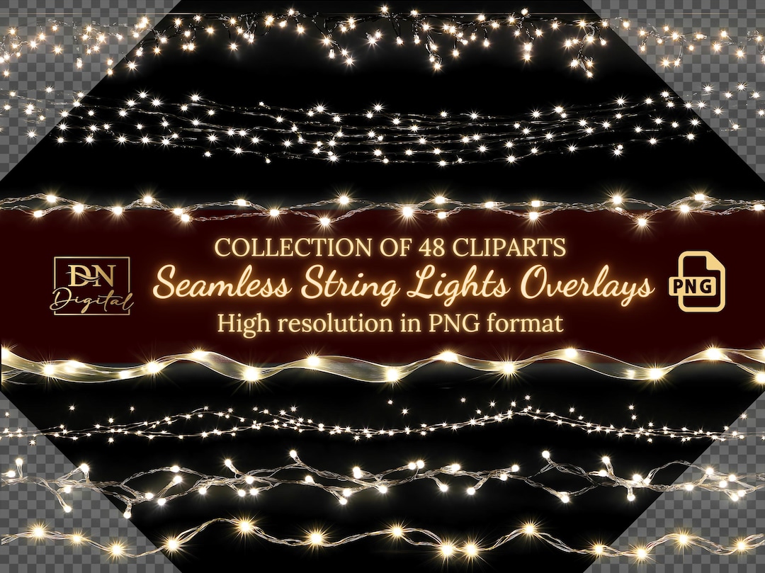 Seamless String Lights Overlays, Digital Christmas Sparkling Fairy ...