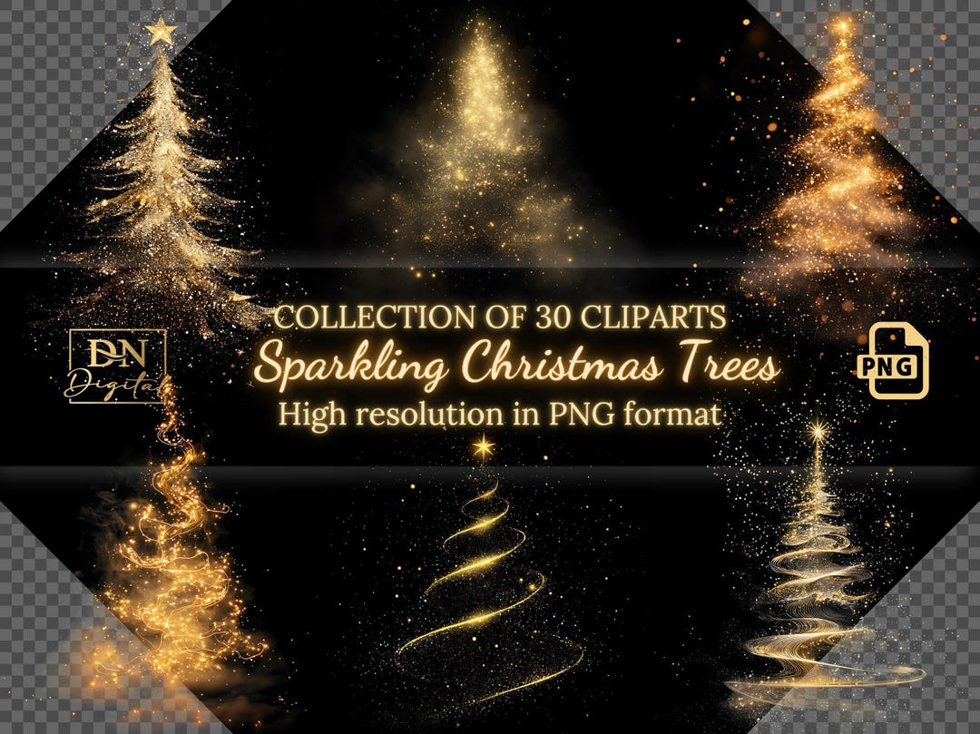 30 Sparkling Gold Christmas Tree Overlays Glitter Clipart PNG ...