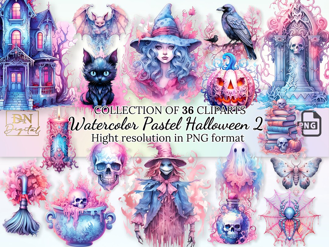36 Pastel Halloween Clipart Collection 2 Enchanting Watercolor Soft ...