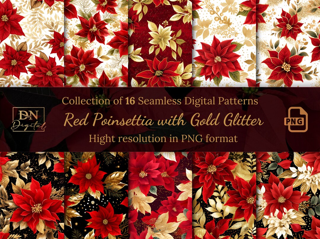 Red Poinsettia With Gold Glitter Seamless Digital Patterns Collection ...