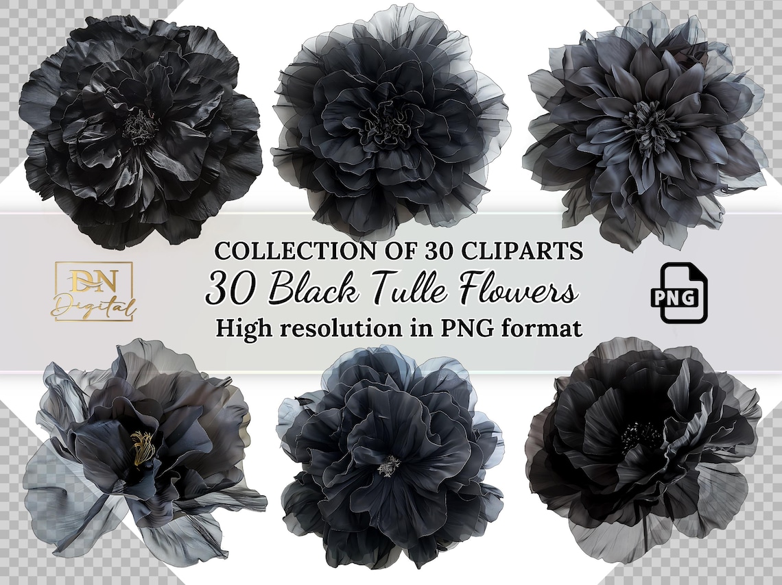 40 Black Tulle Flowers Overlays/clipart Collection With Free Commercial ...