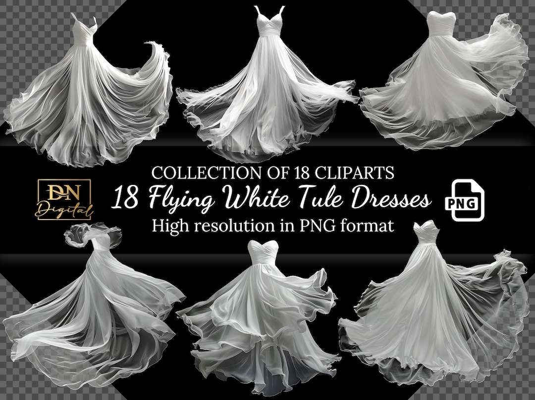 18 Flying White Tulle Dress Overlays Clipart Collection Flying Wedding ...