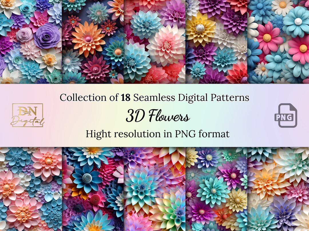 3D Flowers Seamless Digital Patterns Collection Vibrant 3D Blossoms ...