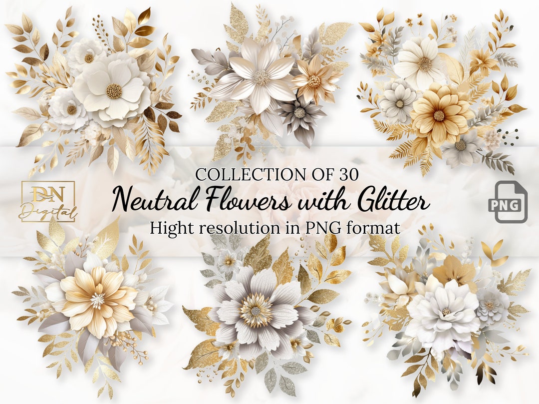 30 Neutral Flowers With Glitter Clipart Mega Collection With Free ...