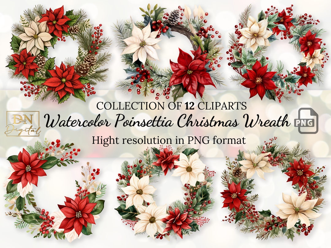 Watercolor Poinsettia Christmas Wreaths Clipart Collection • Christmas ...