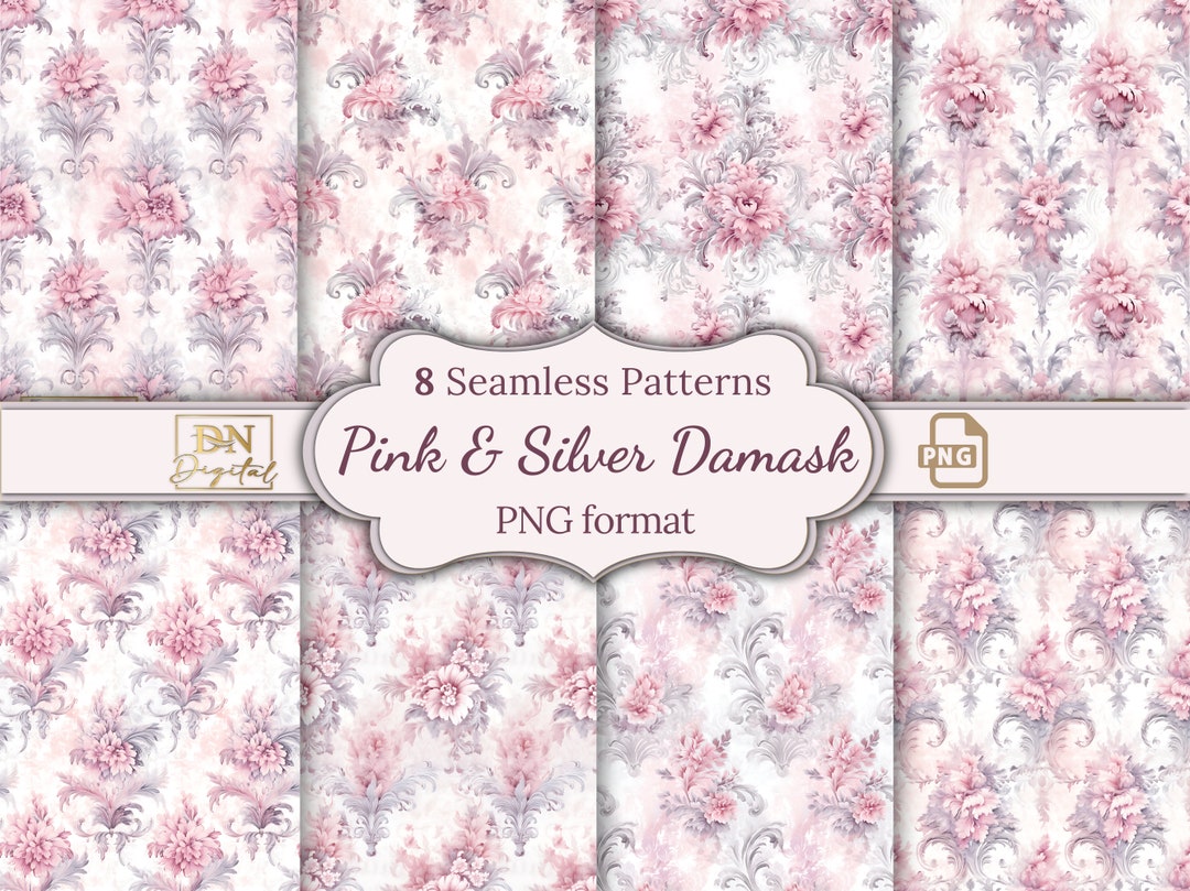 Pink and Silver Damask Seamless Digital Patterns Collection Elegant ...