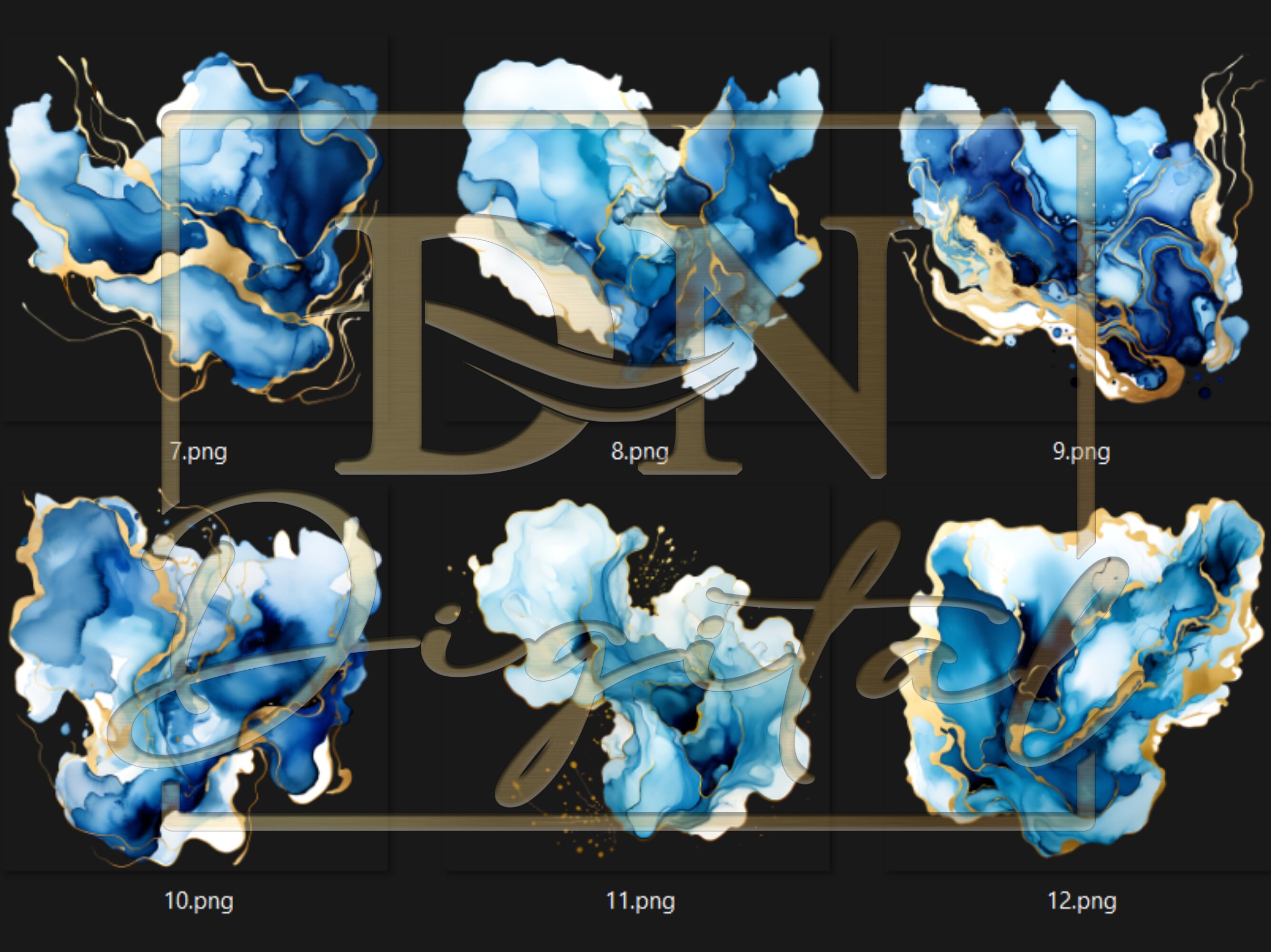 Blue Alcohol Ink With Gold Foil Clipart Collection With Free - Etsy
