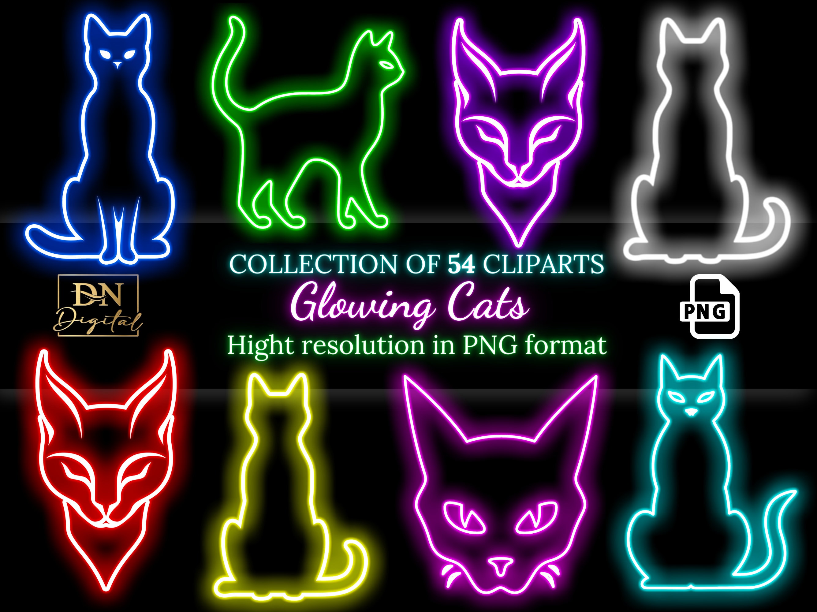 54 Glowing Cats Clipart Collection Magical Feline in Vibrant - Etsy