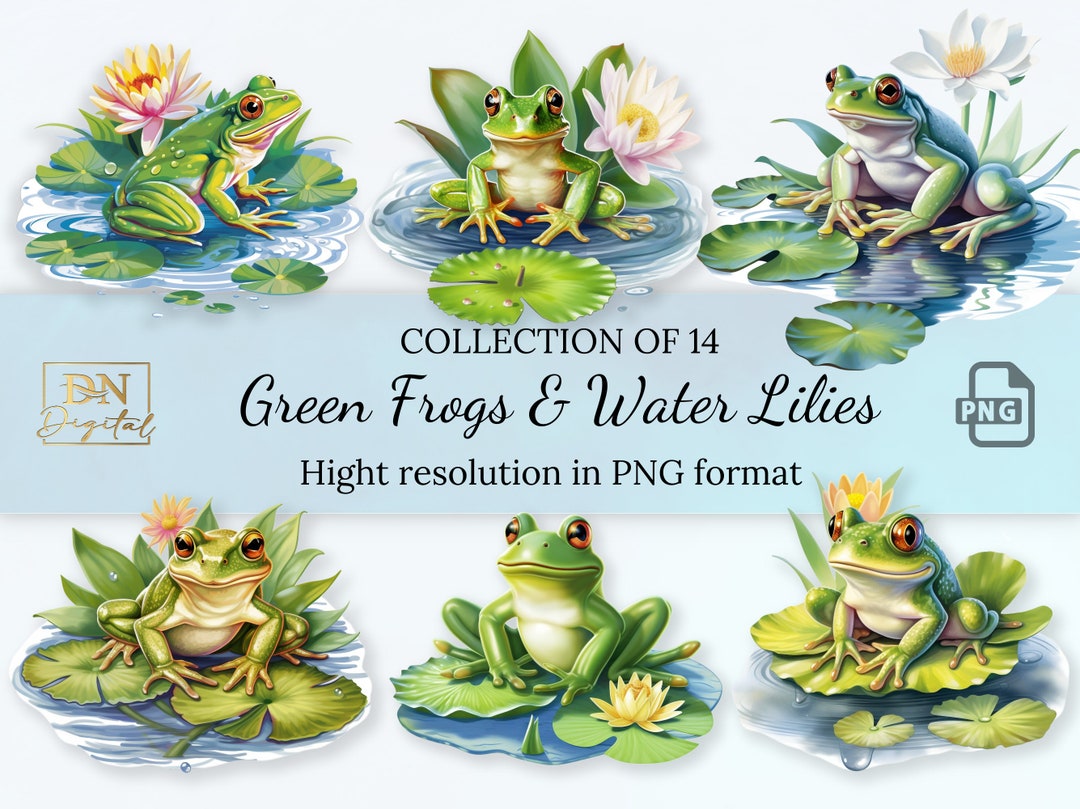 14 Green Frogs & Water Lilies Clipart Collection • Gren Frog ...
