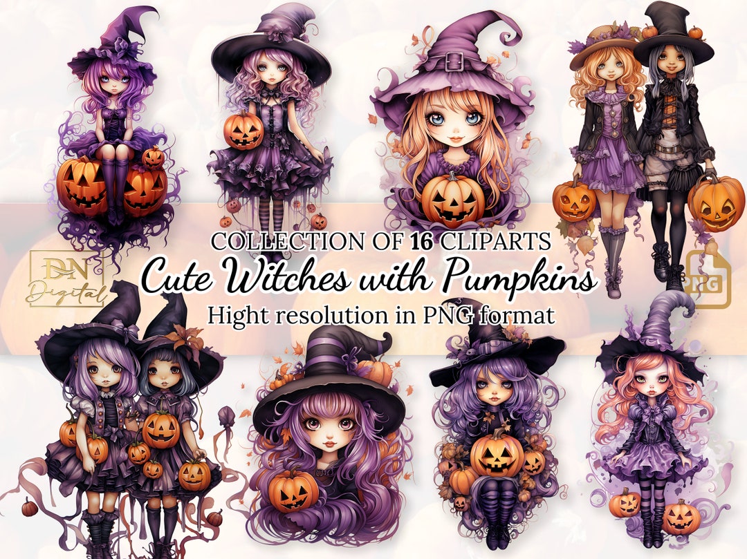 16 Cute Witches With Pumpkins Clipart Collection • Enchanting Halloween ...