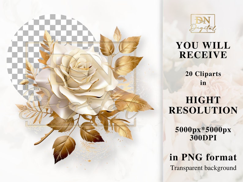 20 Ivory Roses With Golden Leaves Clipart Collection With Free ...