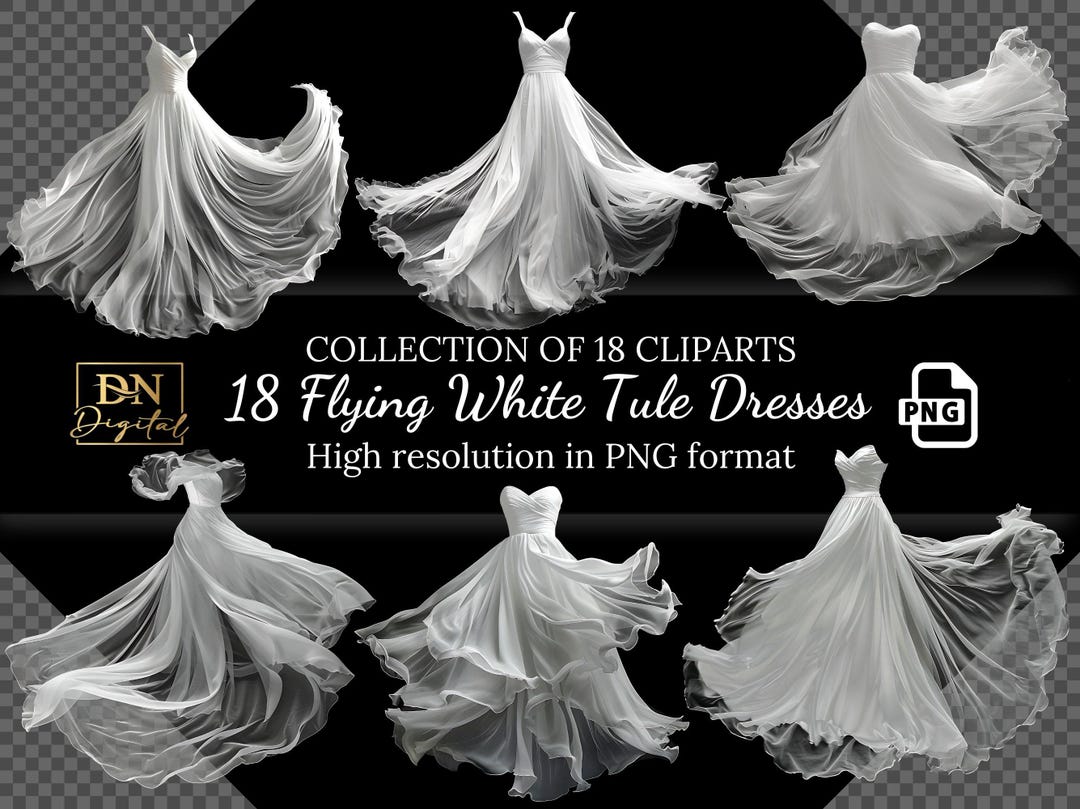 18 Flying White Tulle Dress Overlays Clipart Collection • Flying ...