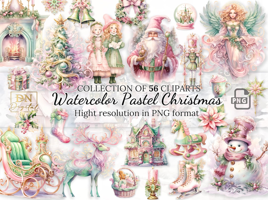 56 Watercolor Pastel Christmas Clipart Mega Collection • Winter Card ...