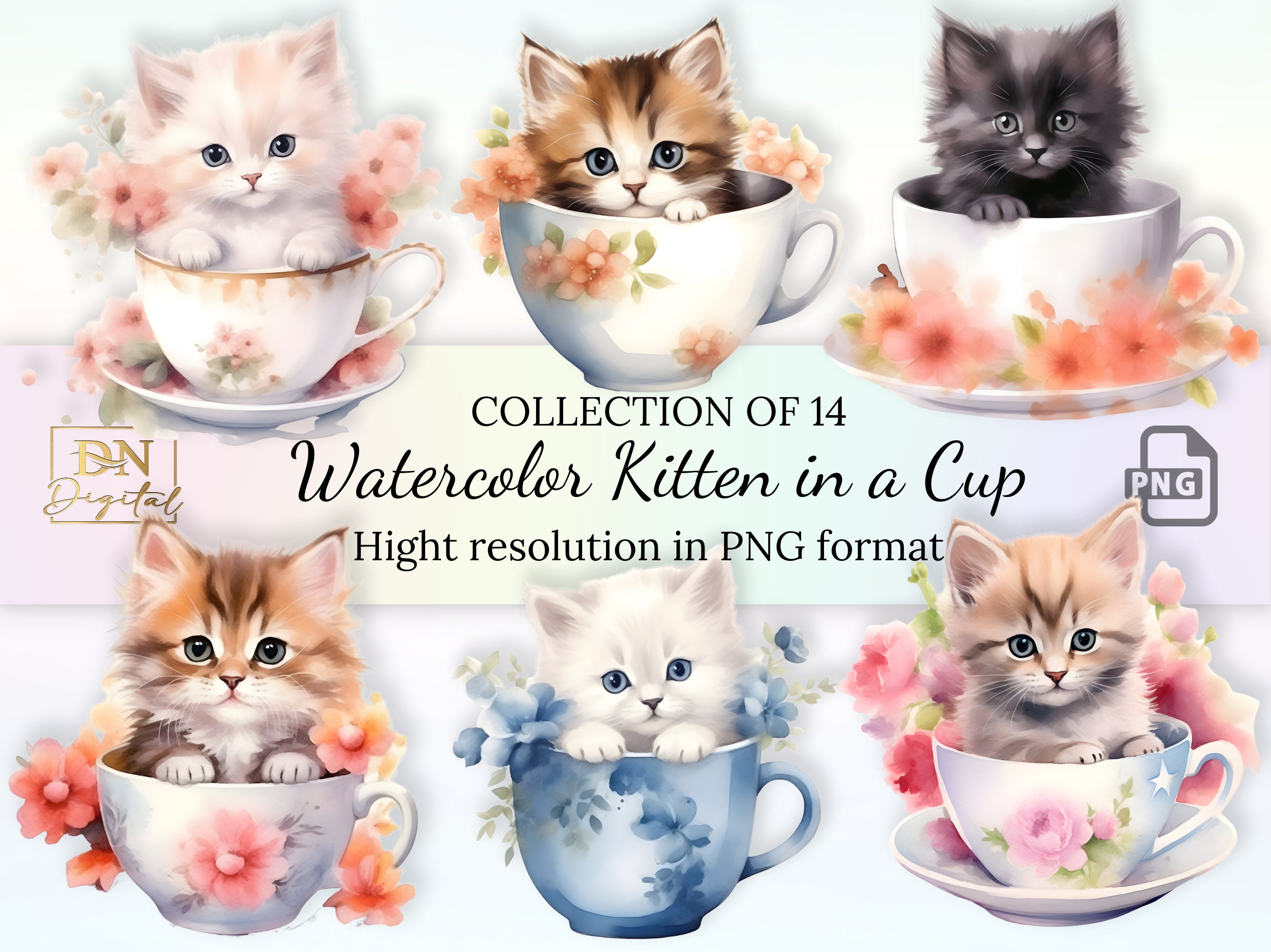 14 Watercolor Kitten in a Cup Clipart Collection With Free Commercial ...
