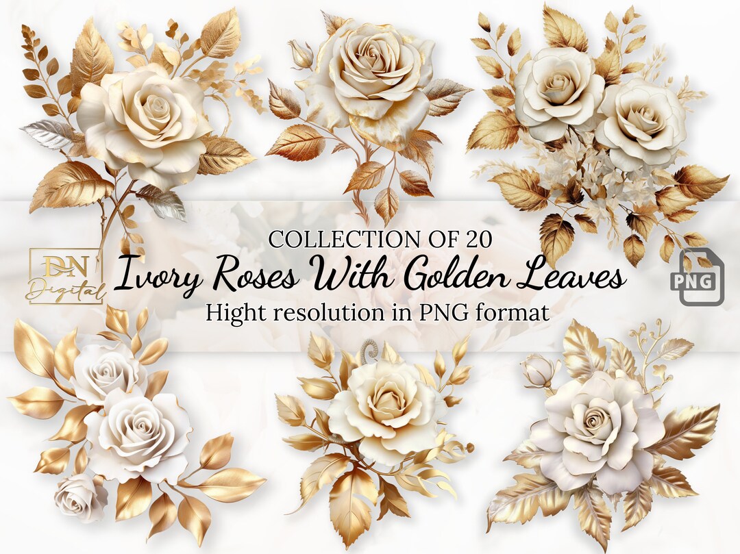 20 Ivory Roses With Golden Leaves Clipart Collection With Free ...