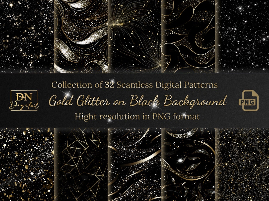 Gold Glitter on Black Background Seamless Digital Patterns Collection ...