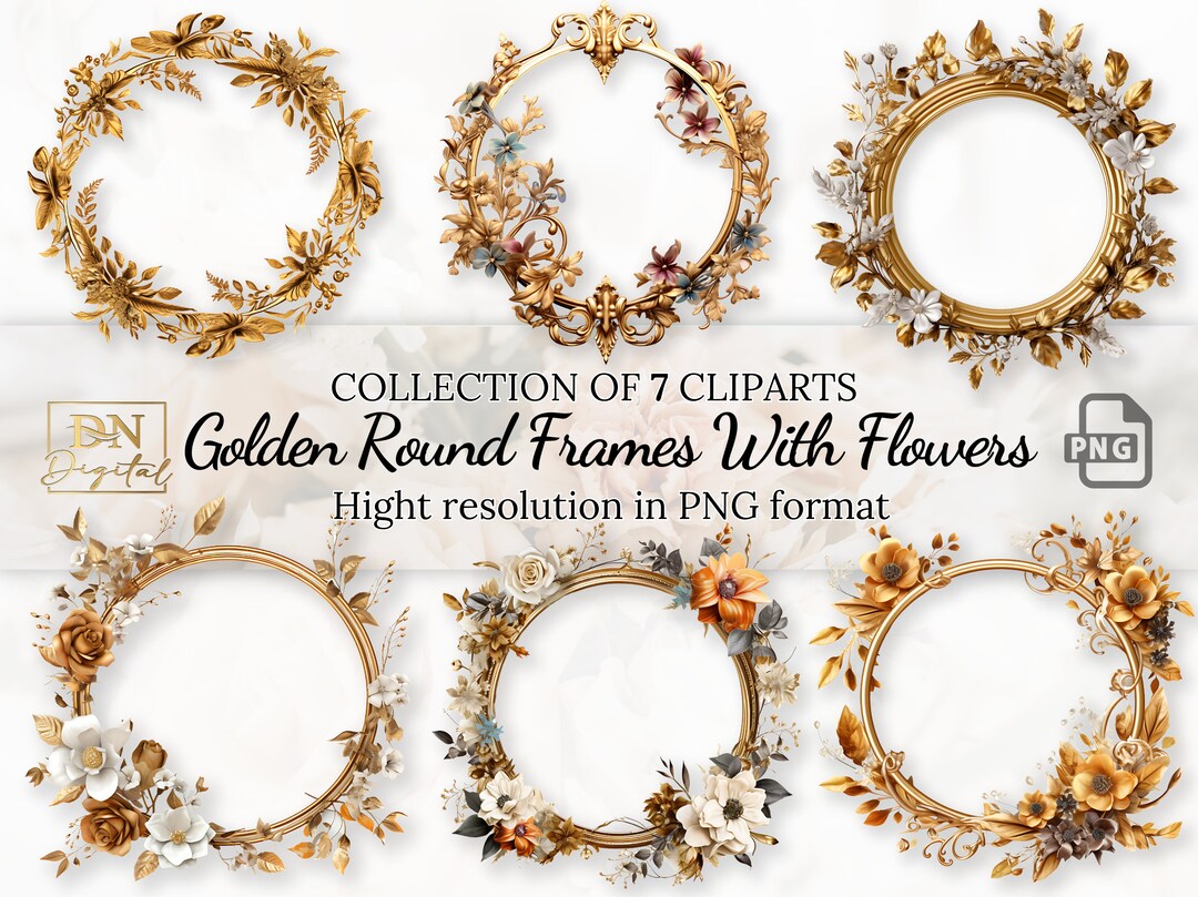 7 Golden Round Frames With Flowers Clipart Collection With Free ...