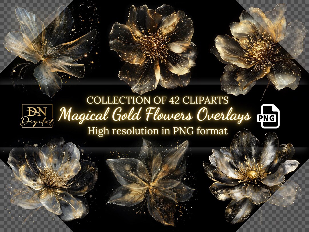 42 Magical Gold Flowers Overlays/clipart Collection Photoshop/canva ...
