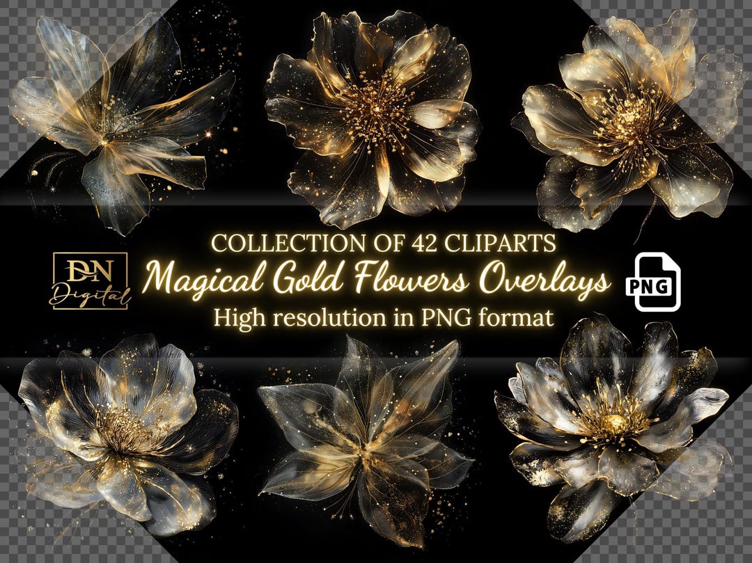 42 Magical Gold Flowers Overlays/clipart Collection • Photoshop/canva ...