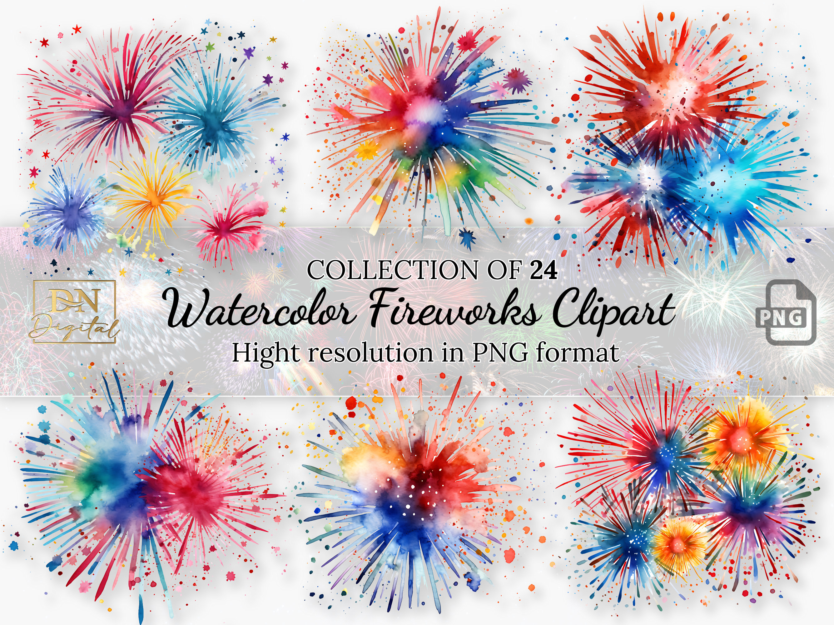 Watercolor Fireworks Clipart Collection With Free Commercial License ...