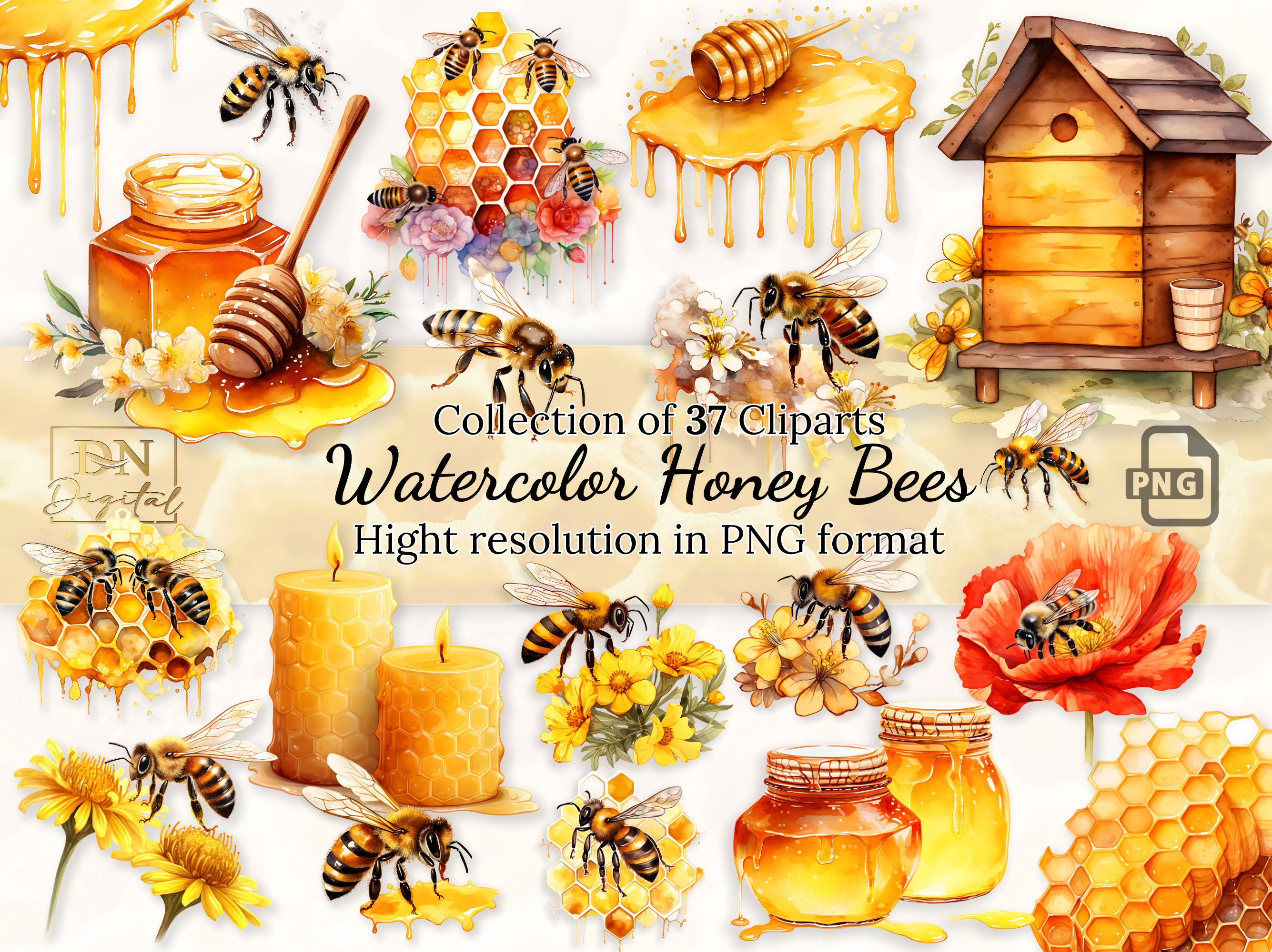 Watercolor Honey Bees Clipart Collection Beautiful Bee - Etsy