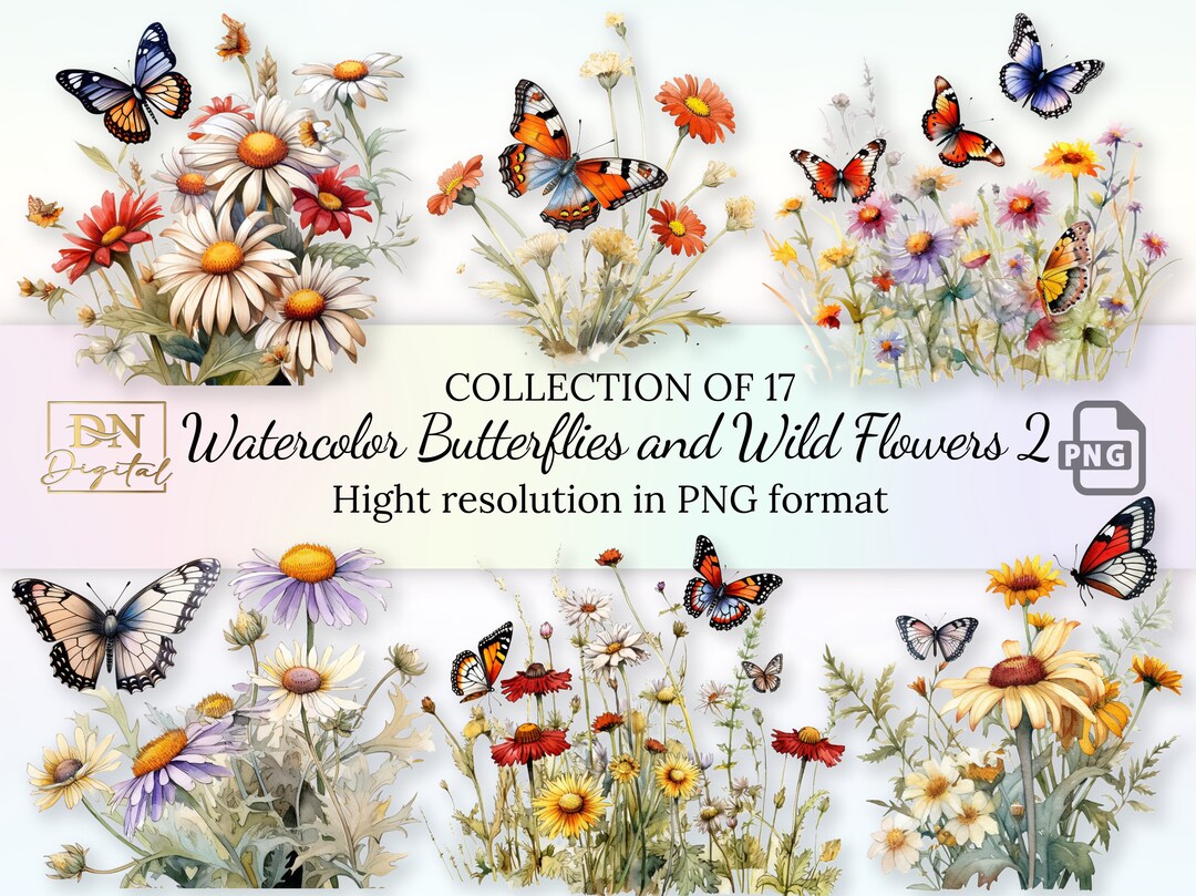 Watercolor Butterflies and Wild Flowers Clipart Collection 2 ...