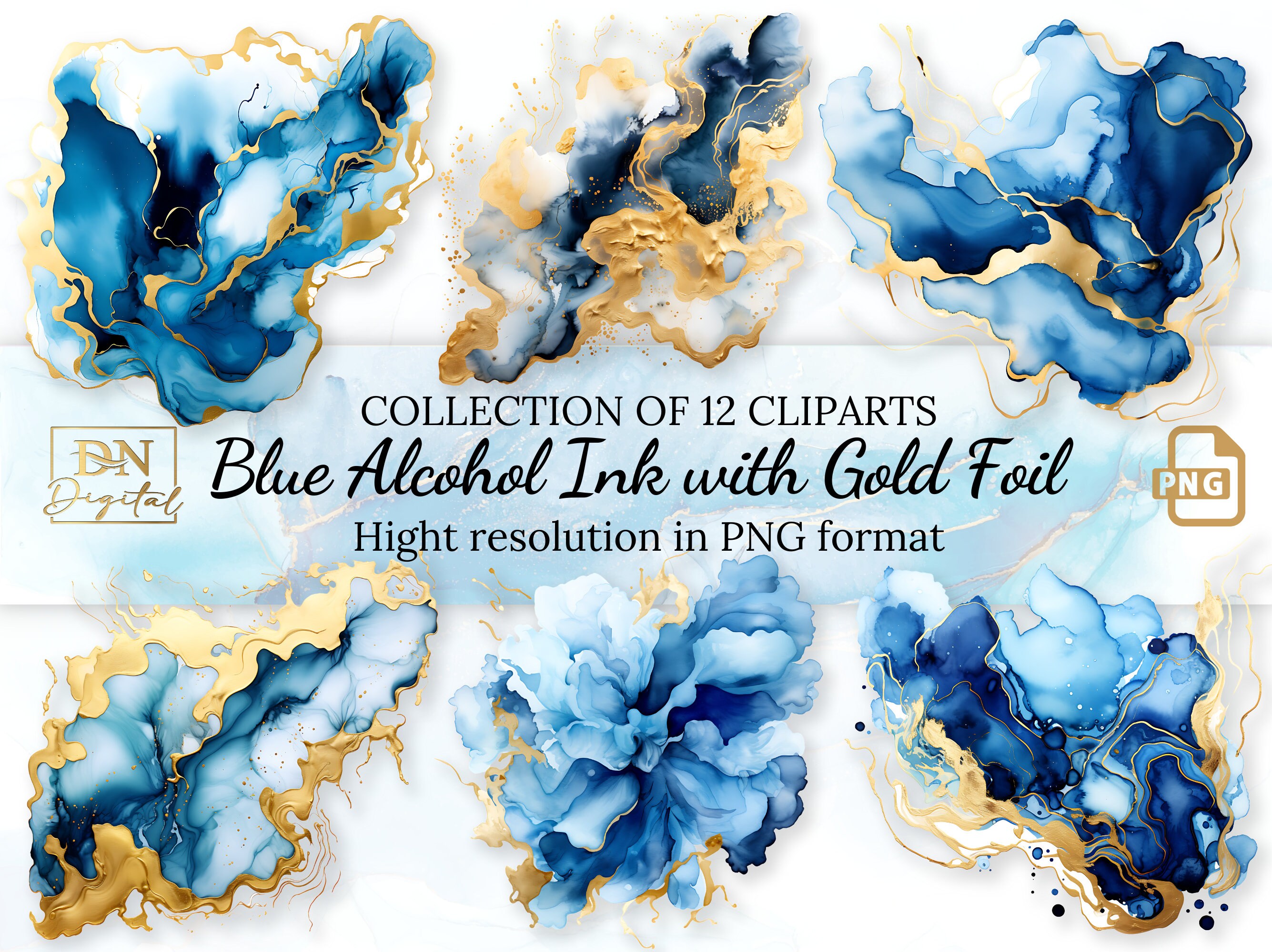 Blue Alcohol Ink With Gold Foil Clipart Collection With Free - Etsy