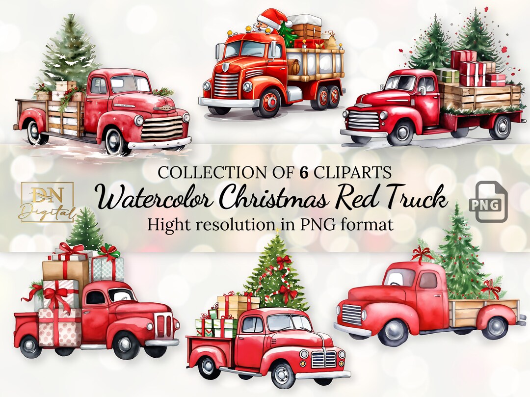 Watercolor Christmas Red Truck Clipart Collection • Christmas Truck PNG ...
