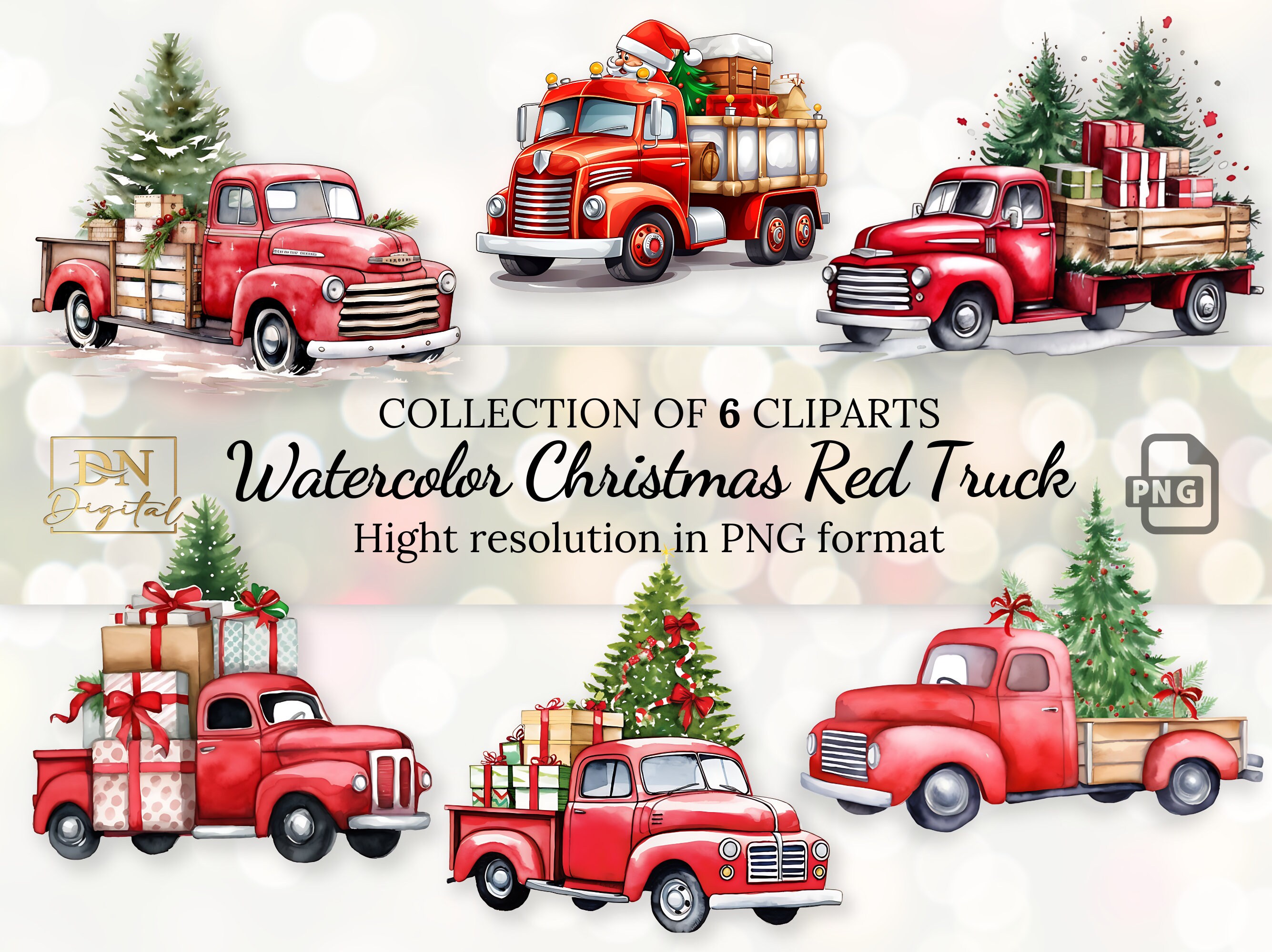 Watercolor Christmas Red Truck Clipart Collection Christmas - Etsy