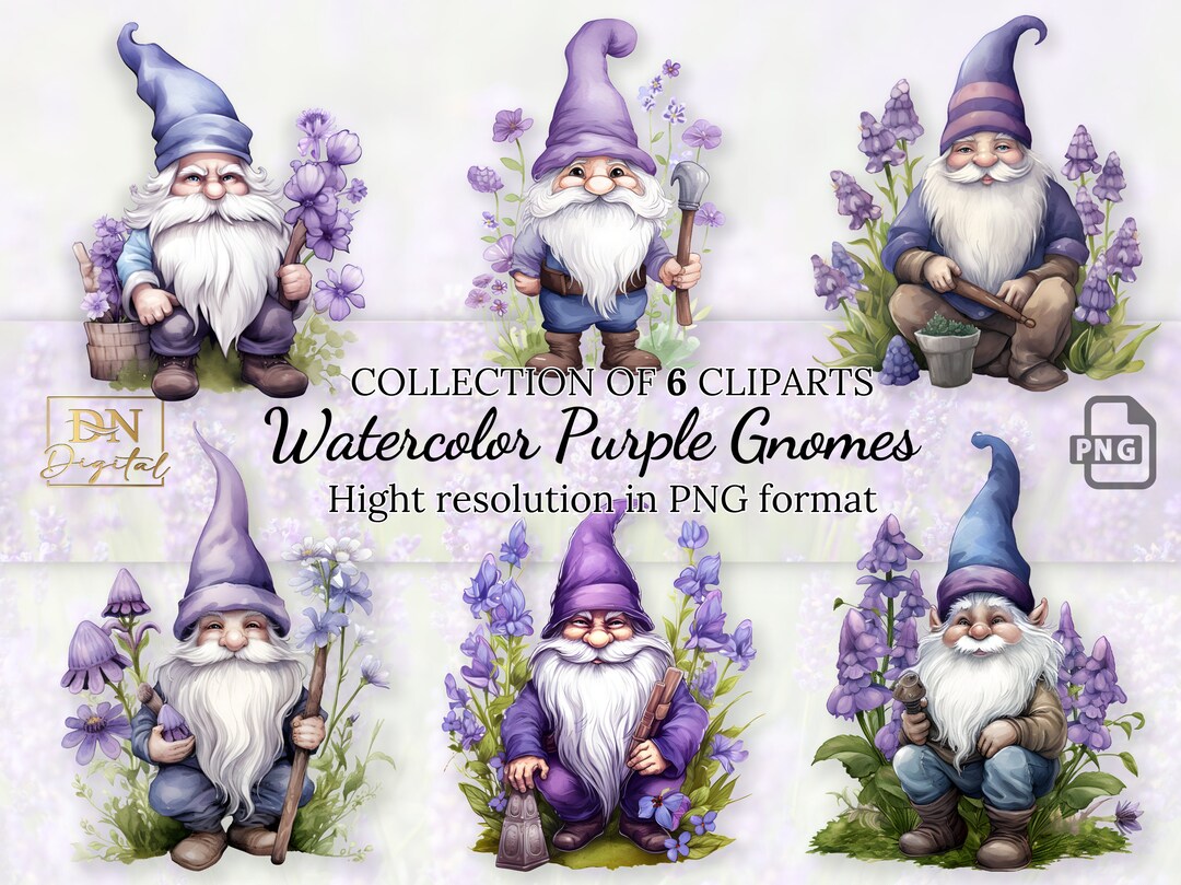 6 Watercolor Purple Gnomes Clipart Collection With Full Commercial ...