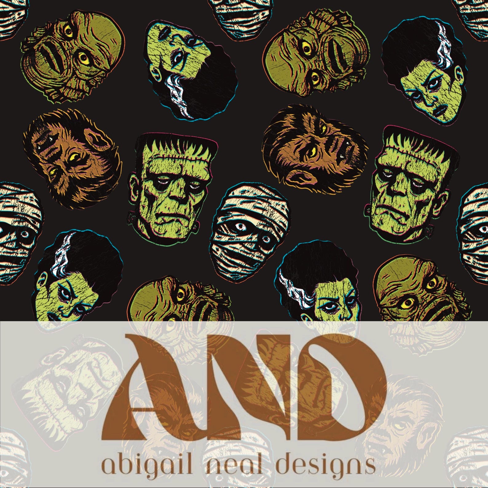 Hand Drawn Vintage Horror Monster Heads Seamless Pattern Retro ...