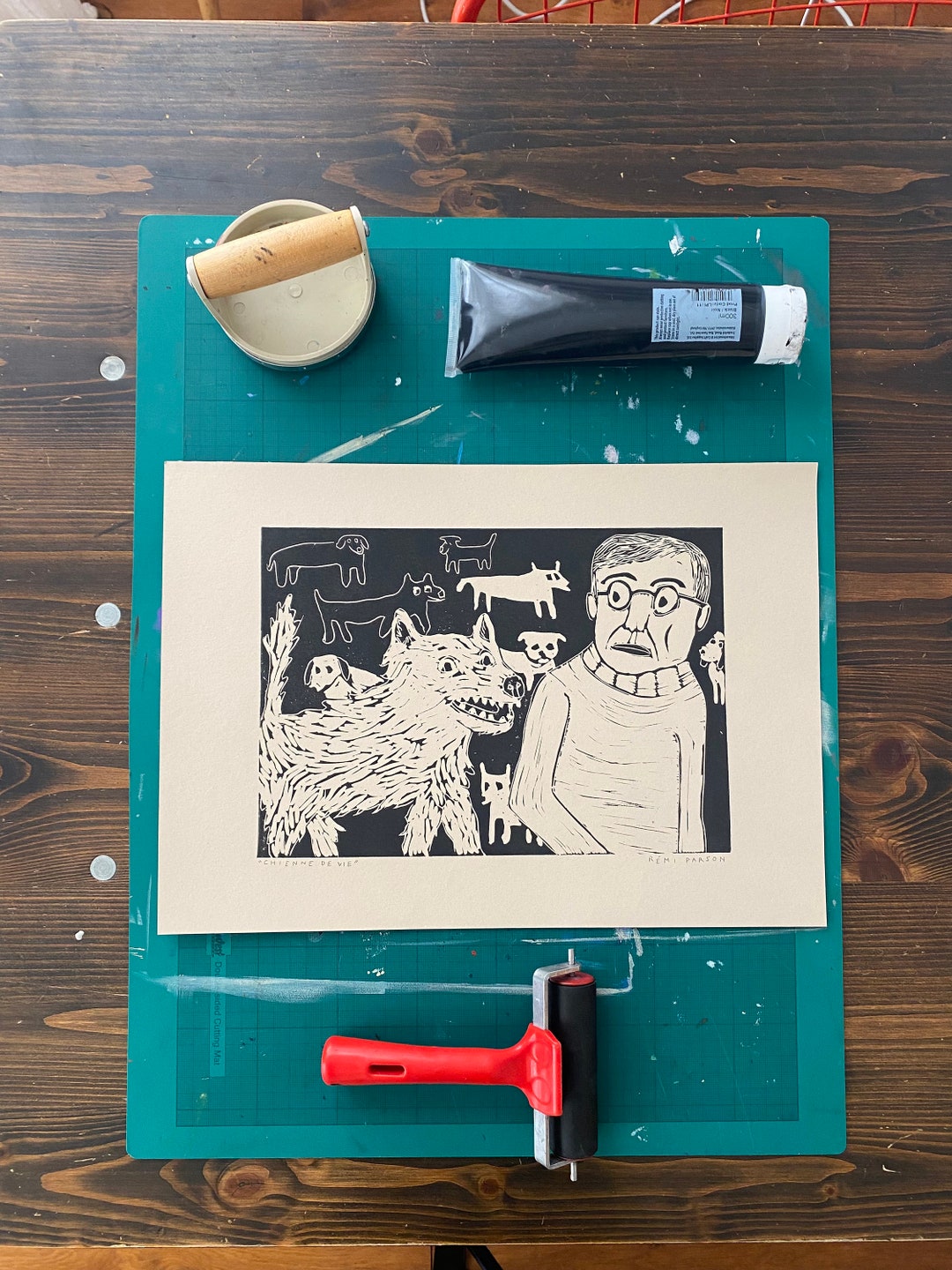 Female Dog of Life Handmade Relief Handmade Block Printing Linocut ...