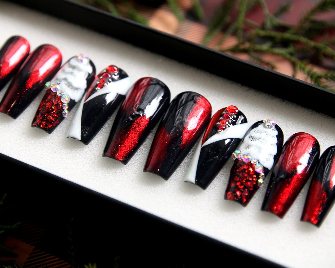 Glitter Red Press on Nails | Valentine Nails Red and Black | Salon Fake ...