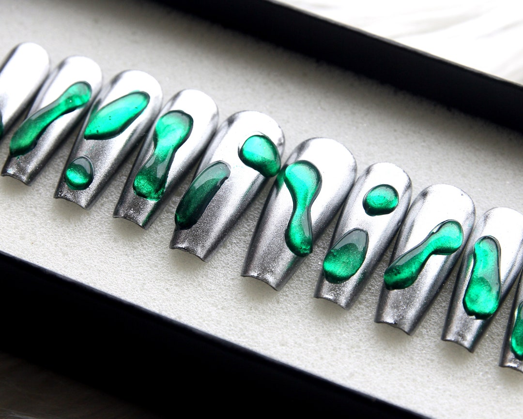 Emerald Tears Drop Press on Nails | Silver Metalic Glue on Nails | 3D Goth Gothic Fake Nails ...