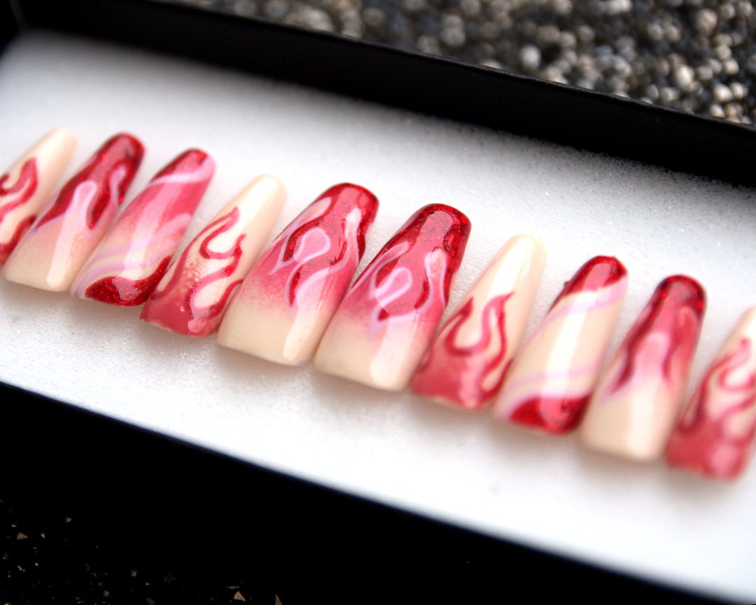 Eternal Flame Press on Nails | Luxury Hand Painted Fake Nails Nude ...
