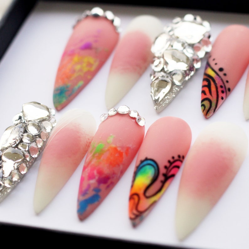 Y2K Pink Ombre Press on Nails: 3D Paint Splatter Stiletto Set - Etsy Canada