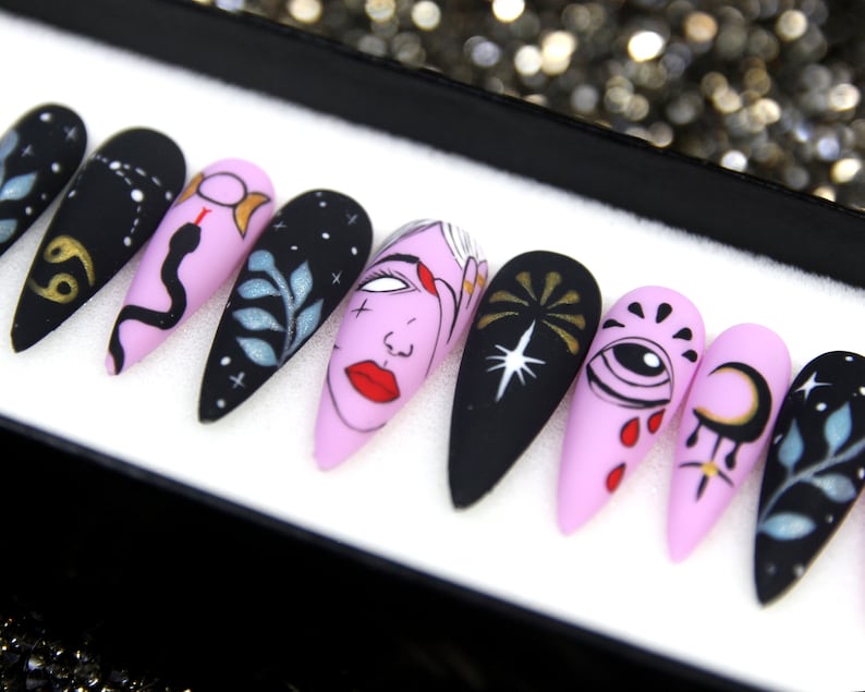 Mystique Night Press on Nails: Floral Glitter Stiletto Nail Set - Etsy