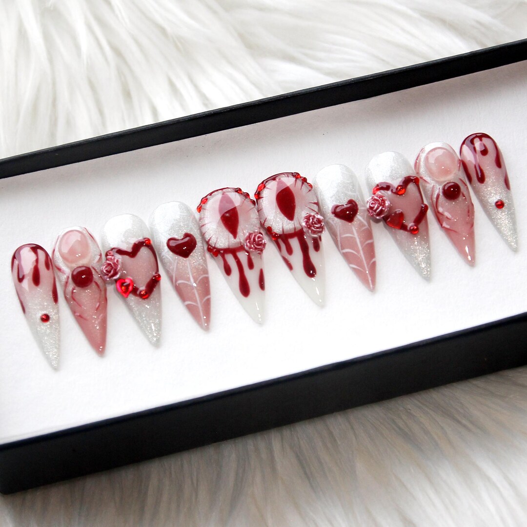 Bloody Eyes Nails – Heartbreak Halloween Press On, Silver Metallic ...