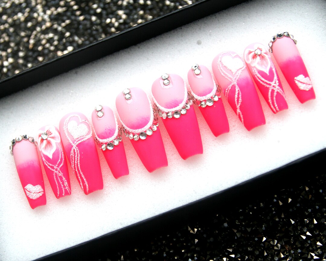 Pinky Neon Glam Press on Nails - Handmade Coffin Fake Nails V132 - Etsy