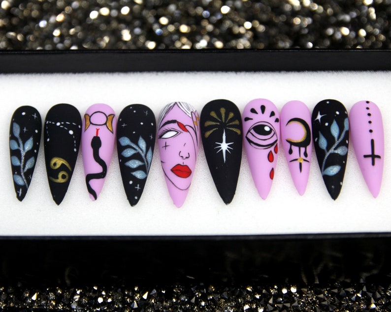 Mystique Night Press on Nails: Floral Glitter Stiletto Nail Set - Etsy