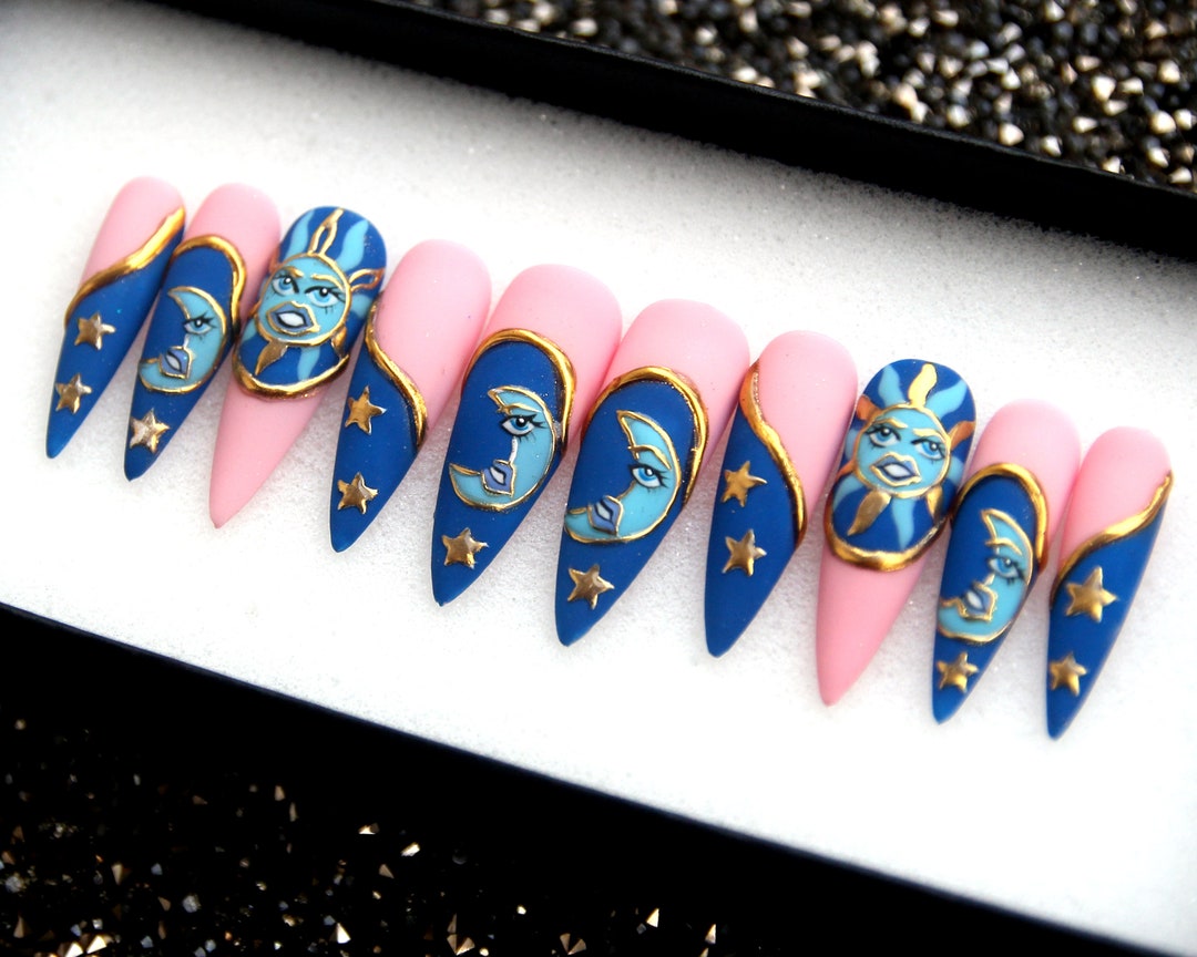 Naughty Sun and Moon Press on Nails - Handmade Stiletto Nails V125 - Etsy