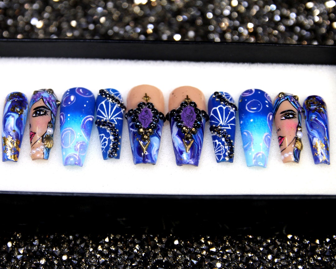 Deep Ocean 3D Nails Ombre | Y2K Fake Nails With Crystal | Long Press on ...