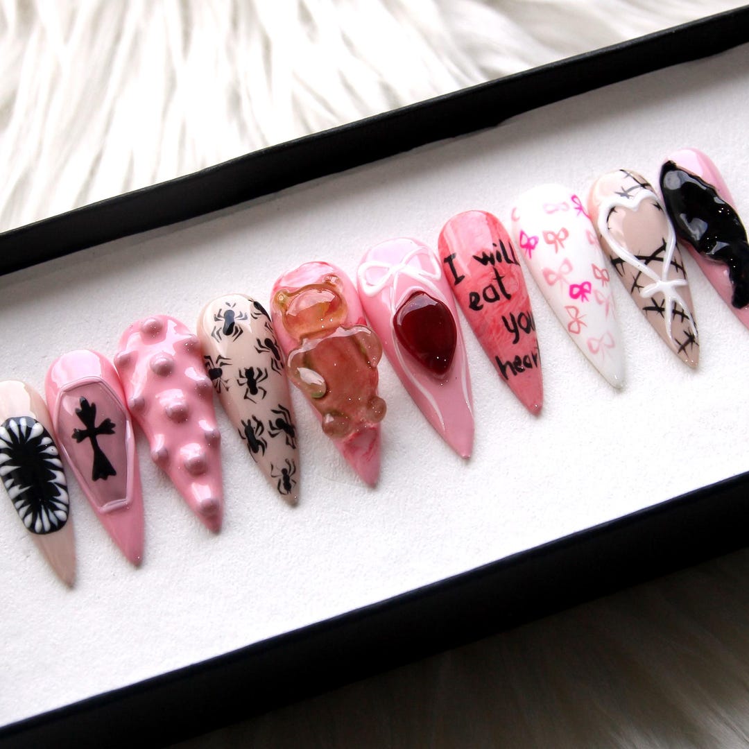 Queen Tombstone Press on Nails - Handmade Reusable Pink White Fake ...