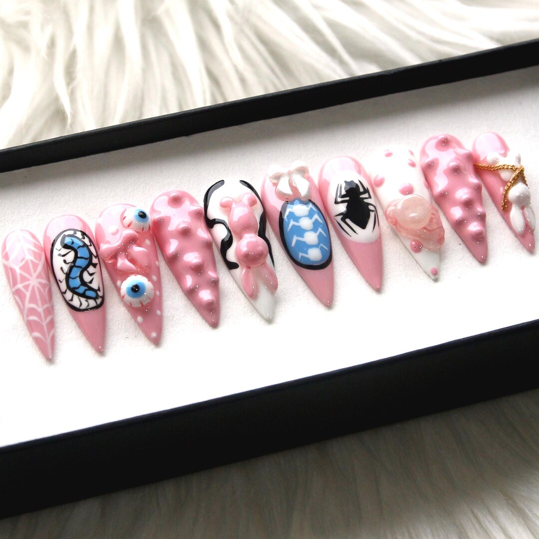 Funny Scary Press on Nails | 3D Gel Pink Fake Nails V277 - Etsy