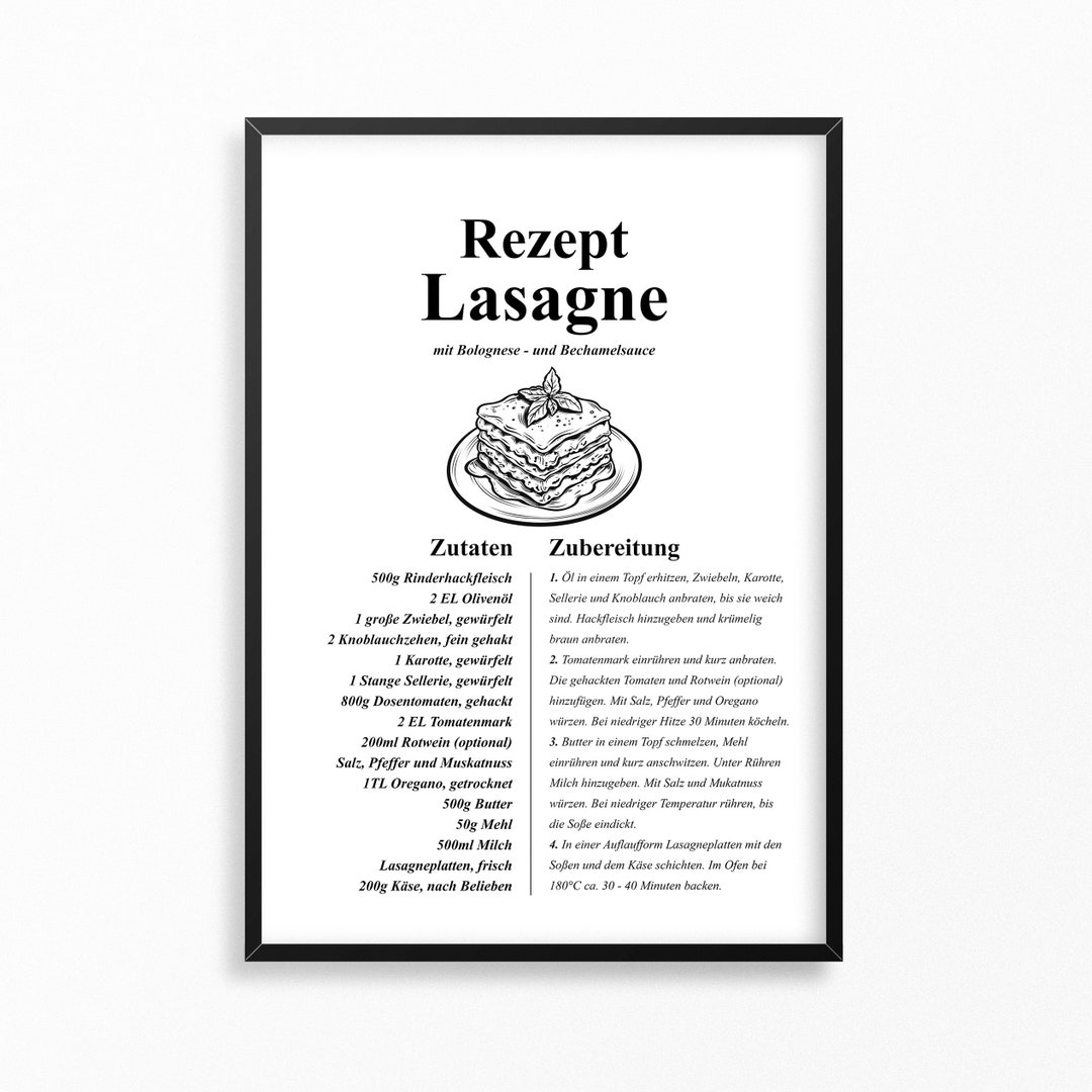 Lasagna Poster Recipe Poster Wall Art Poster Apartment Gift Cook Moving ...