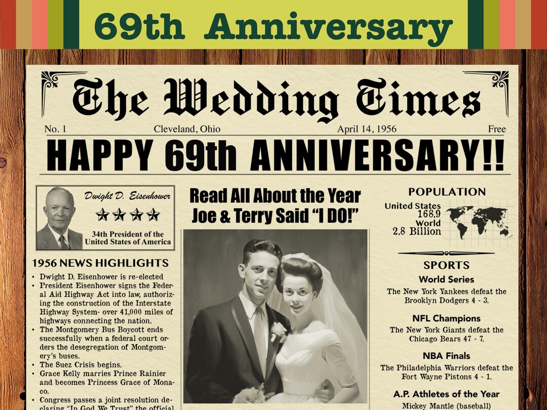 1956 Anniversary, 69th Anniversary Custom Newspaper, 69th Anniversary ...