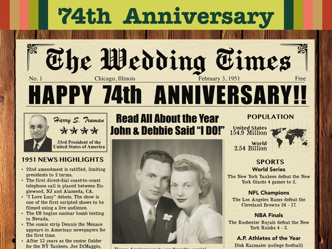1951 Anniversary, 74th Anniversary Custom Newspaper, 74th Anniversary ...
