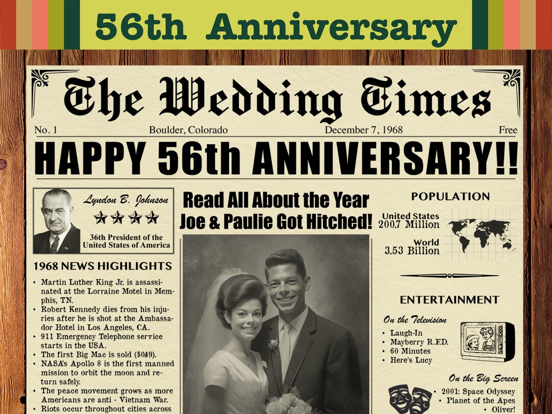 1968 Anniversary, 56th Anniversary Custom Newspaper, 56th Anniversary ...